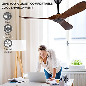 Solid Wood Ceiling Fans Without Light, 52 Inch Real Wood Ceiling Fan with Remote Control and 3 blade, Natural Wood Ceiling Fan Waterproof, Indoor Outdoor Ceiling Fans for Patio, Bedroom, Living room