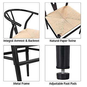 Yaheetech Set of 2 Weave Arm Chair Mid-Century Metal Dining Chair Y-Shaped Backrest Hemp Seat, Black