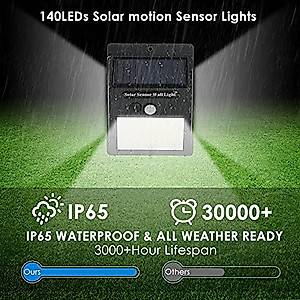 Solar Lights Outdoor, [ 2 Pack /3 Modes /140 LED ] Solar Motion Sensor Powered Flood Lights, 3000 Lumens 270°Wide-Angle IP65 Waterproof Solar Security Wall Lights for Garden Fence Patio Deck Yard Pool