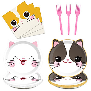 96 Pieces Cat Party Supplies Cute Kitten Theme Party Tableware Set Party Decorations Kitty Disposable Dinnerware Plates Napkins Forks for Cat Theme Birthday Baby Shower Party Favors 24 Guests