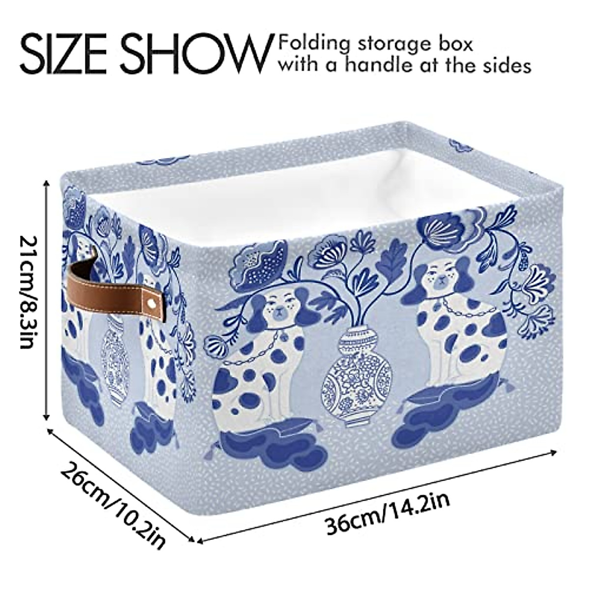 JUAMA Staffordshire Dogs in Chinoiserie Style Blue and White Porcelain Large Foldable Open Storage Bins With Handles Rectangular Baskets Cube for Closet Office Nursery Toys Bedroom Home Organizer