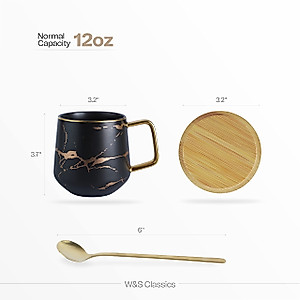 Classic Ceramic Kintsugi Style Black Coffee Tea Mug with Gold Inlay, Spoon and Bamboo Lid- 12 OZ, Large Mugs for Men and Women, Unique Design, Perfect Novelty Gift- Dishwasher Safe