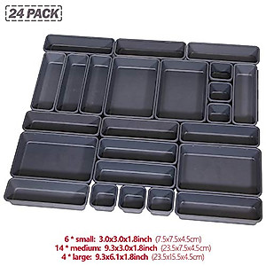 Set of 24 Interlocking Desk Drawer Organizer Tray Dividers Plastic Shallow Narrow Drawers Organizers Separators Storage Bins Container for Kitchen Bathroom Makeup Office Vanity Bedroom Dresser