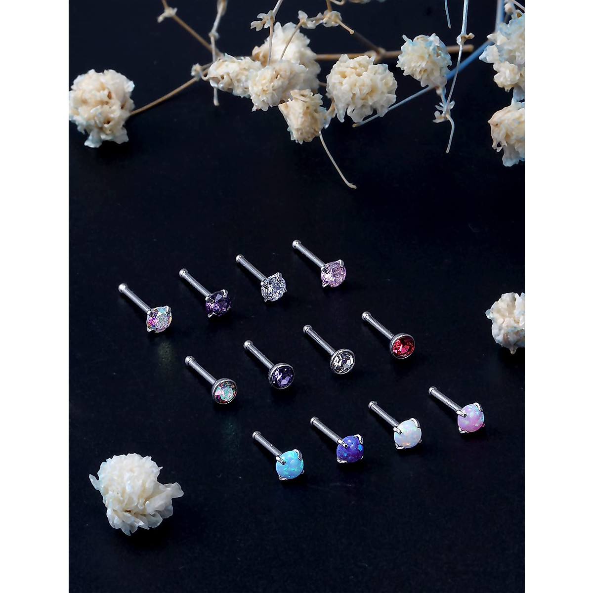 Uzgtvy 20G Nose Ring Stud Piercing Jewelry for Women 316L Stainless Surgical Steel Silver Opal Straight Hypoallergenic sensitive Nose Nostril Ring Pin Bone Bar Stud Body Piercing Jewelry Men 2mm 7mm