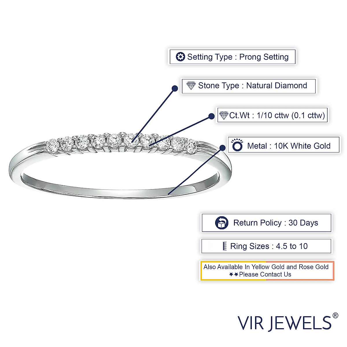 Vir Jewels 1/10 carat (ctw) Petite Diamond Wedding Anniversary Band for Women, Round Diamond Engagement Ring 10K White Gold 10 Stones Prong Set 0.10 cttw, Size 5