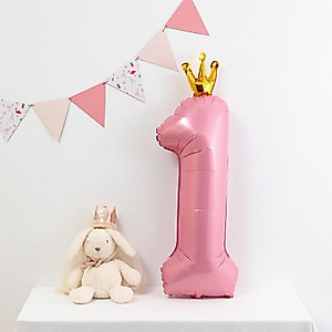 40 Inch Crown Pink Number 1 Balloon, Big Conjoined Baby Pink Foil Mylar Helium 1 Balloon | Girls 1st Birthday Balloon Pink Princess Theme Baby Shower First Birthday Party Decorations Supplies