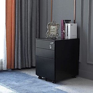 Sanoolir Locking File Cabinet 3 Drawer, Mobile File Cabinet on Wheels Under Desk fits Legal/Letter/A4 Size for Home/Office (Black)