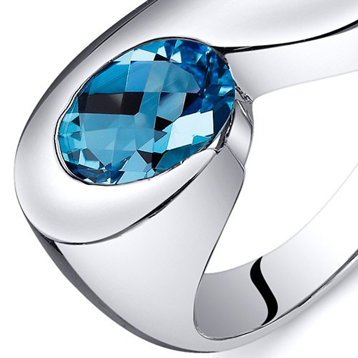 PEORA Swiss Blue Topaz Tranquil Ring in Sterling Silver, Smooth Fluid Solitaire, 1.75 Carat Oval Shape 8x6mm, Comfort Fit, Size 7