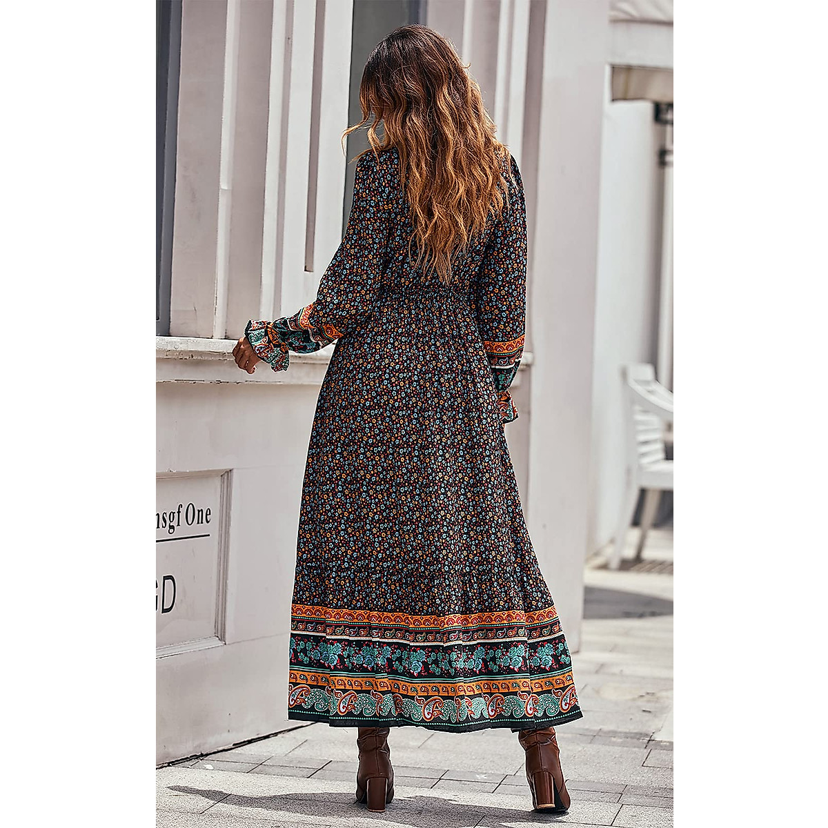 PRETTYGARDEN Long Sleeve Dress for Women - V-Neck Casual Boho Floral Vintage Fall Long Maxi Dresses (Black,X-Large)