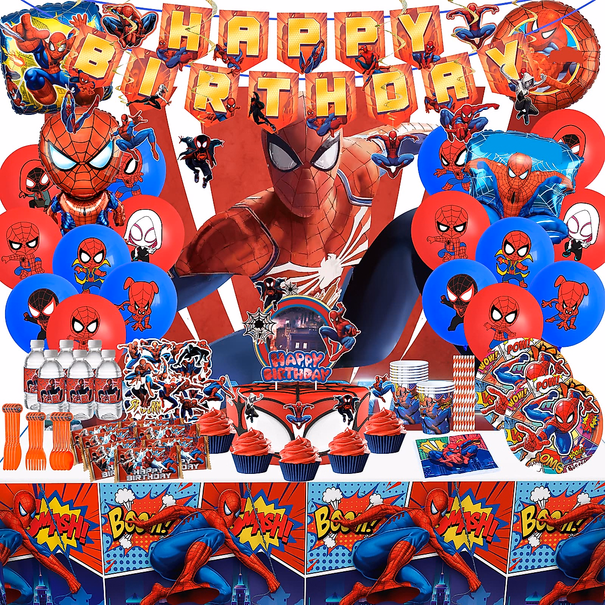 Birthday Party Supplies,186pcs Spider Theme Style Party Decorations Include Happy Birthday Banner,Backdrop,Tableware Set,Tablecover,Cake Toppers,Cupcake Toppers,Latex Balloons Set,Bottle Labels,Chocolate Stickers