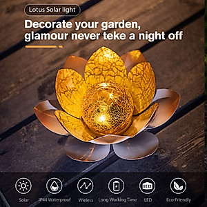AIINY Garden Solar Lights Outdoor(2Pack) , Amber Crackle Globe Glass Lotus Decoration , Waterproof Orange Metal LED Flower Lights for Patio,Lawn,Walkway,Tabletop,Ground, Garden Gifts for Women
