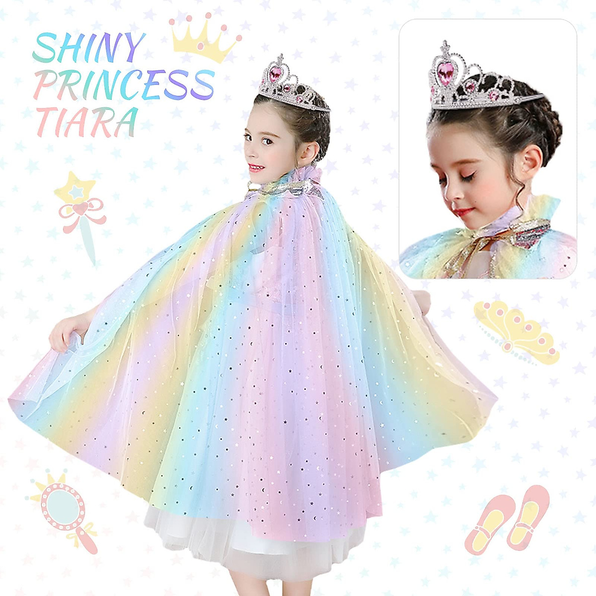 AOOWU Princess Cape for Girls, Colorful Princess Cloak with Crown, Princess Fancy Dress Up Sparkling Sequins Tulle Princess Cape Set for Birthday Party Cosplay (Rainbow, M)