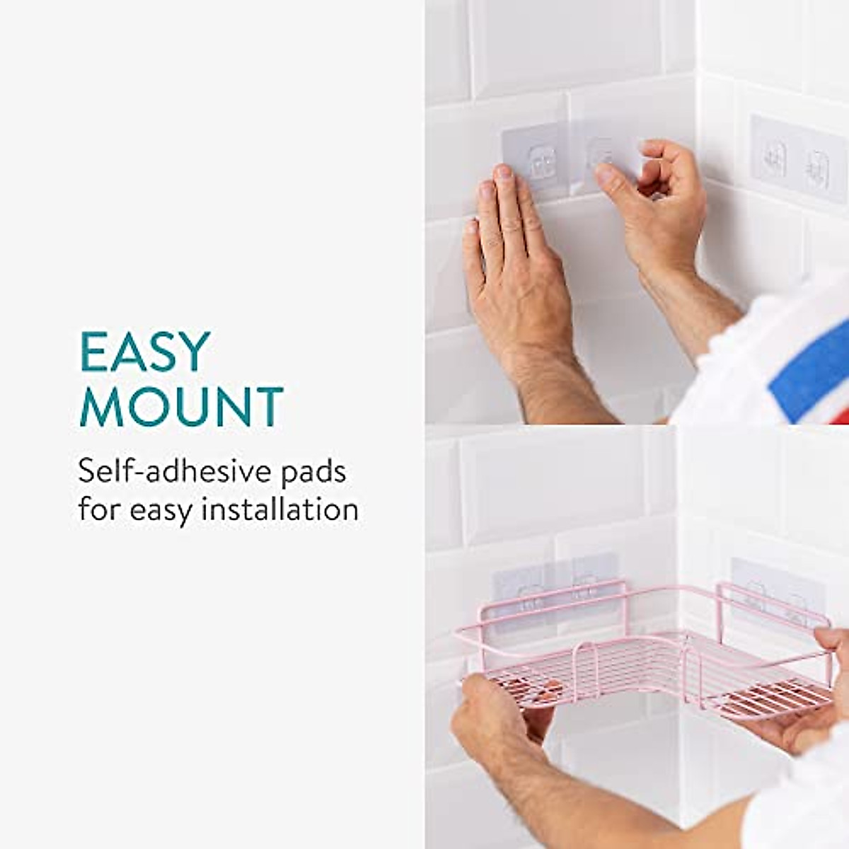 Navaris Self Adhesive Shower Caddy - Set of 2 Bathroom Organizer Shelves for Corner Wall of Bath - Toiletry Shampoo Storage Rack Holder - Pink