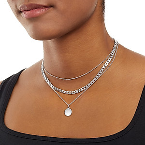 Amazon Essentials Sterling Silver Plated Polished Disc and Beaded Chain 2 Row Layer Necklace, Sterling Silver