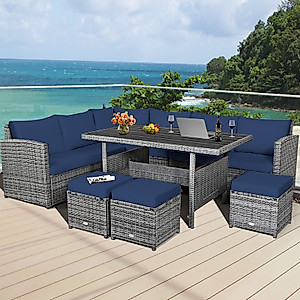 HAPPYGRILL 7 PCS Patio Conversation Set Rattan Wicker Furniture Set with Cushions Outdoor Rattan Sofa Set with Dining Table & Ottomans for Poolside Backyard Balcony Garden