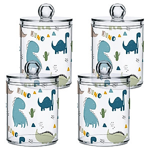 2 PACK Cartoon Dinosaur Qtip Holder Dispenser for Cotton Ball, Cotton Swab, Cotton Round Pads, Floss Picks - Plastic Apothecary Jar Set for Bathroom Canister Storage Organization