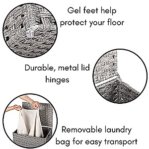 BIRDROCK HOME Single Laundry Hamper with Lid - Grey - Liner Bag - Hand Woven - Small Collapsible Hampers - Foldable Bin - Synthetic PE Rattan - Hand Woven - Clothes Basket
