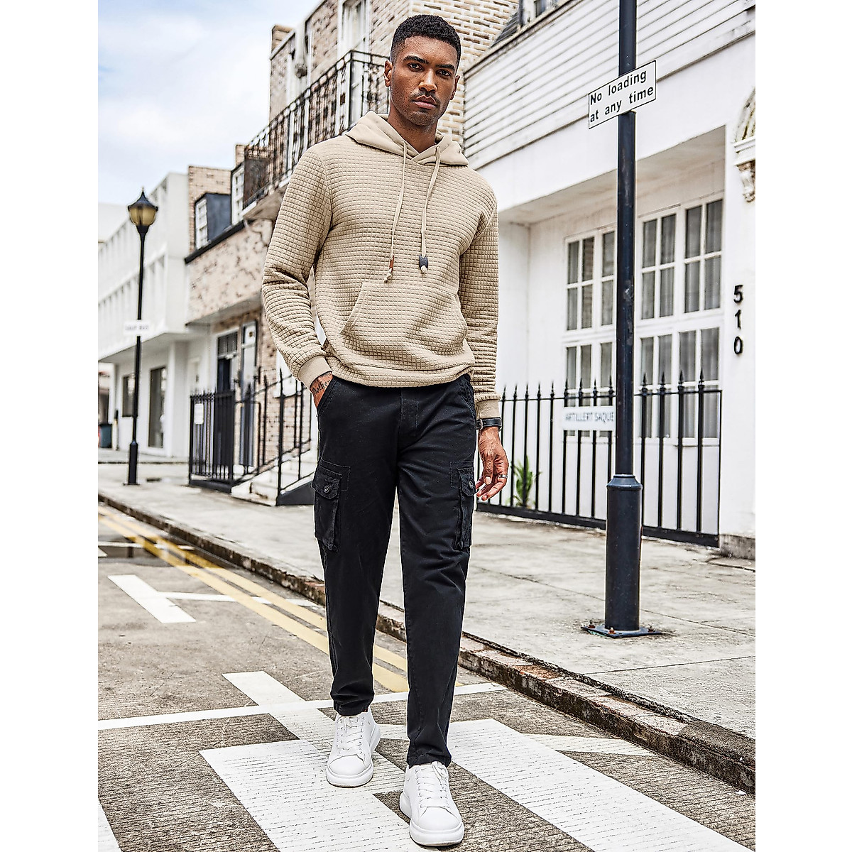 COOFANDY Men's Quilted Sweatshirt Casual Long Sleeve Outdoor Hoodies Pullover Hooded Khaki 3X-Large