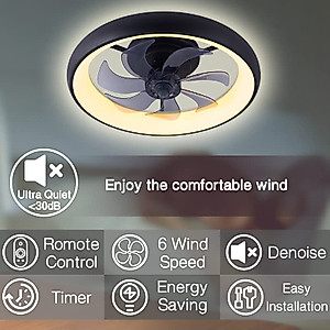 Femony Ceiling Fans with Light,20" Dimmable Modern Ceiling Fans with Lights and Remote,3 Light Color Change/6-Speed/Timing Setting,Flush Mount Ceiling Fan for Bedroom,Matte Black Finish