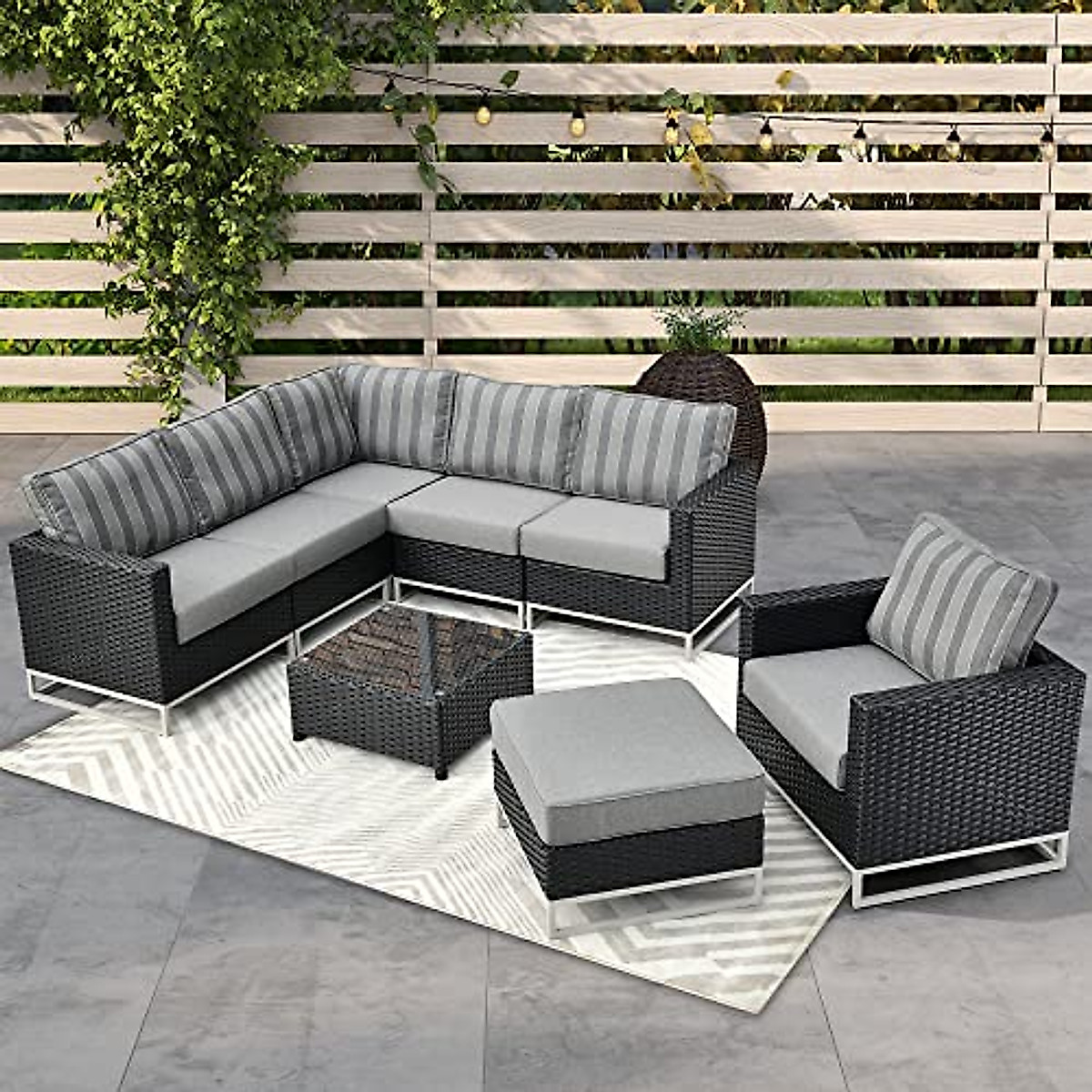 XIZZI Patio Furniture Set Outdoor Sectional Sofa 8 Pieces No Assembly Required Conversation Sets All Weather PE Rattan Wicker Couch with Coffee Table and Ottoman,Dark Grey Stripes