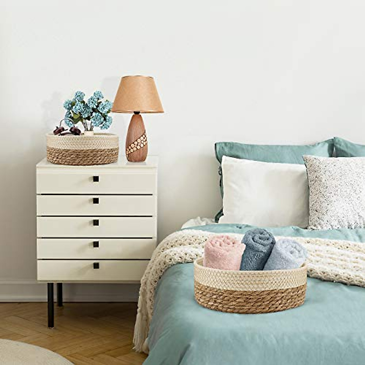 Handmade Rattan Bread Baskets for Serving, Round Wicker Basket, Woven Round Shelf Basket Set of 3, Decorative Woven Storage Baskets Bathroom, Nesting Baskets Serving Tray Perfect Organizing for Home