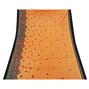 Peegli Vintage Orange Saree Paisley Printed DIY Craft Fabric Poly Silk Sari