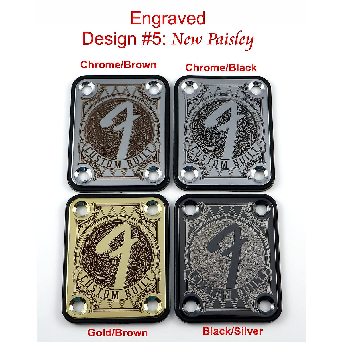 Standard 4 Bolt "Custom Built" Engraved or Printed Guitar Neck Plate - Choose from 4 designs - Silver, Gold or Black