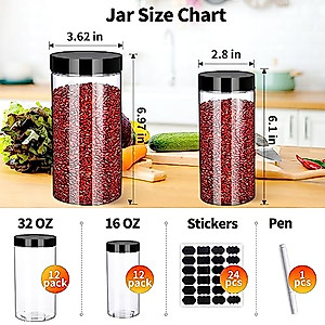 PLastic jars with lids 32 OZ & 16 OZ 24 PACK，Eiark Clear Plastic Storage Jars Containers with Airtight Black Plastic Screw On Lids Cylinder Large Round Jars Easy Clean for Household and Kitchen
