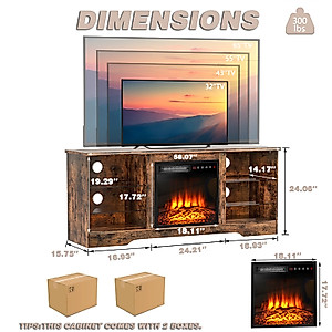 LEMBERI 58 Inches Fireplace TV Stand for TVs up to 65 Inches Console with 18'' Electric Fireplace & Remote, Wooden Modern Entertainment Center for Living Room with LED Light Glass Shelves (Brown)