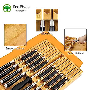 EcoFives In-Drawer Knife Block,Bamboo Knife Drawer Organizer Insert, Kitchen Knife Drawer Storage for 16 Knives a Slot for your Knife Sharpener (Without Knives)