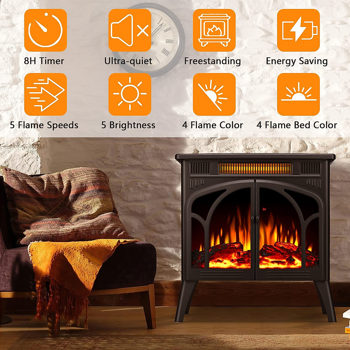 Antarctic Star Electric Fireplace Stove, 3D Free-Standing Infrared Fireplace Stove and Realistic Flame, Remote Control, 5100BTU & All Steel Design, Adjustable Brightness, 1500W Black