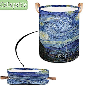 Starry Night Large Laundry Hamper, Laundry Baskets with Leather Handle, Collapsible Waterproof Portable Folding Clothes Hamper for Nursery, College Dorm, Bedroon, Bathroom