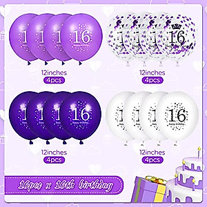16th Purple Birthday Balloons Decorations, 16PCS Purple White Happy 16th Birthday Confetti Latex Balloons for Girls Boys Happy Birthday Party Wedding Anniversary Indoor Outdoor Party Supplies,12 Inch
