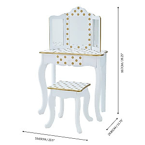 Teamson Kids Princess Gisele Polka Dot Print 2-Piece Kids Wooden Play Vanity Set with Vanity Table, Tri-Fold Mirror, Storage Drawer, and Matching Stool, White with Gold Polka Dot Accent