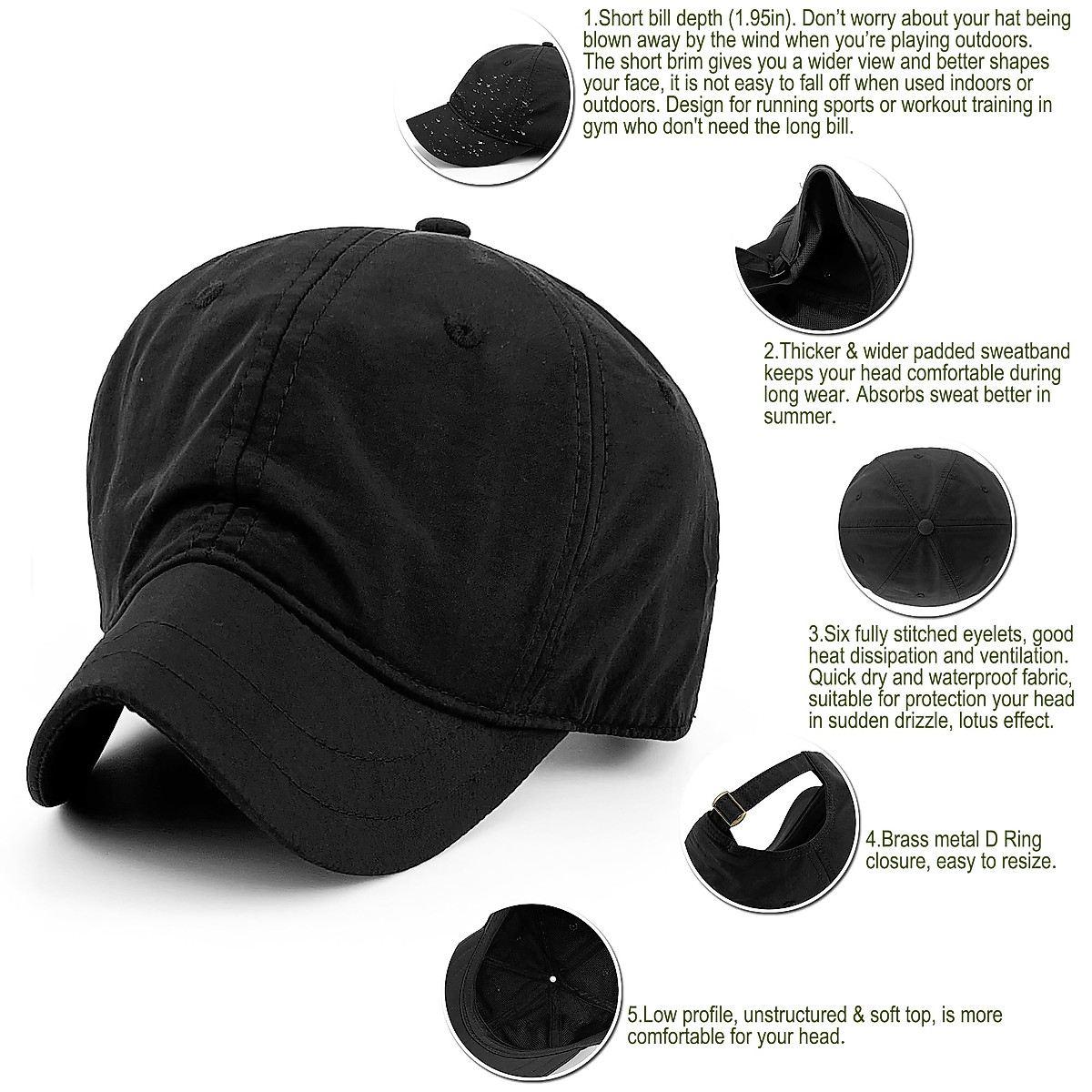 Rayna Fashion womens Structured Short Bill Quick Dry Brim Trucker Baseball Dad Cap, Black, X-Large