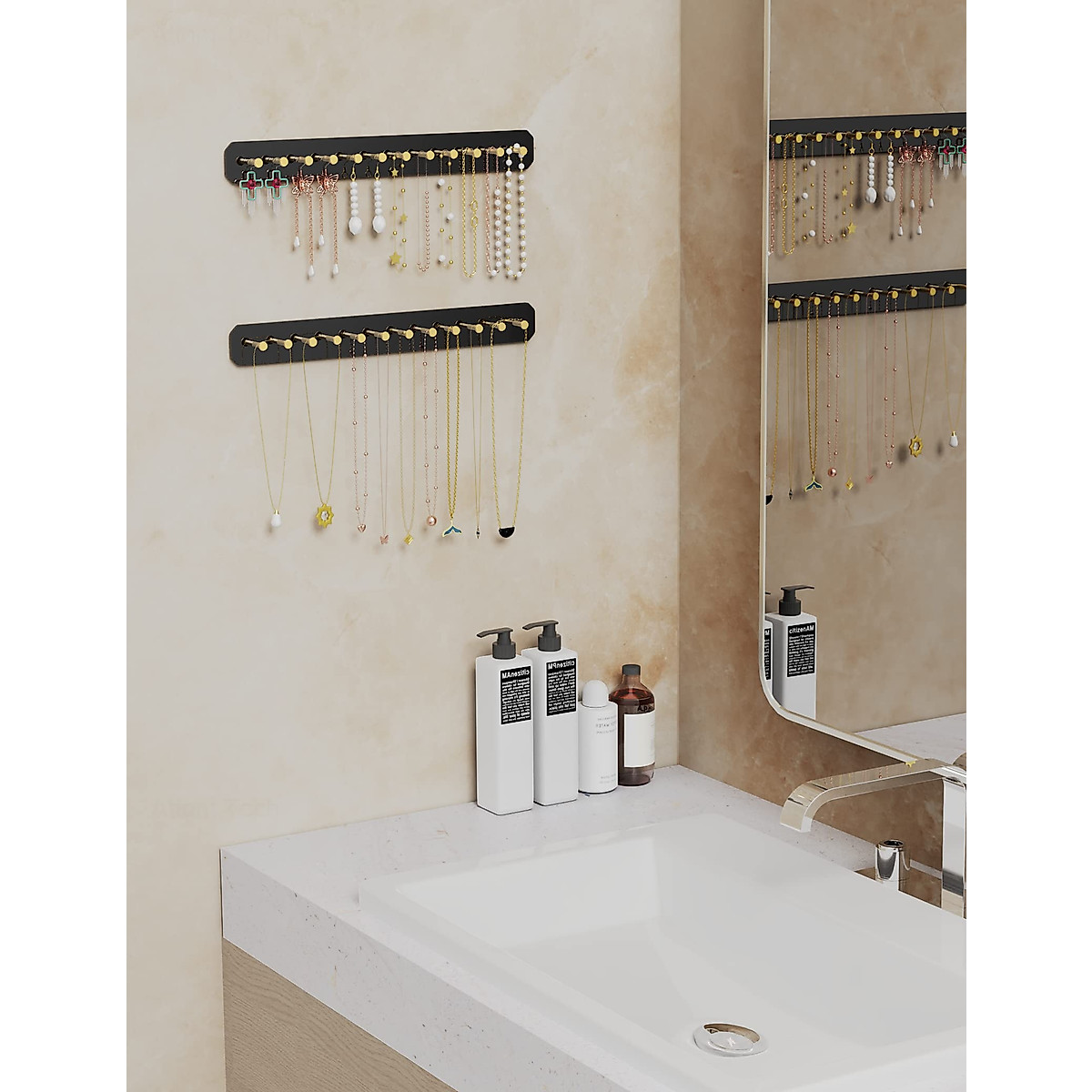 NiHome Wall Mounted Acrylic Jewelry Organizer 2-Pack, Durable Sleek Rack Strong Carbon Steel Hooks for Dressing Table, Bathroom, Kitchen, Hassle-Free Installation Multiple Mounting Options (Black)