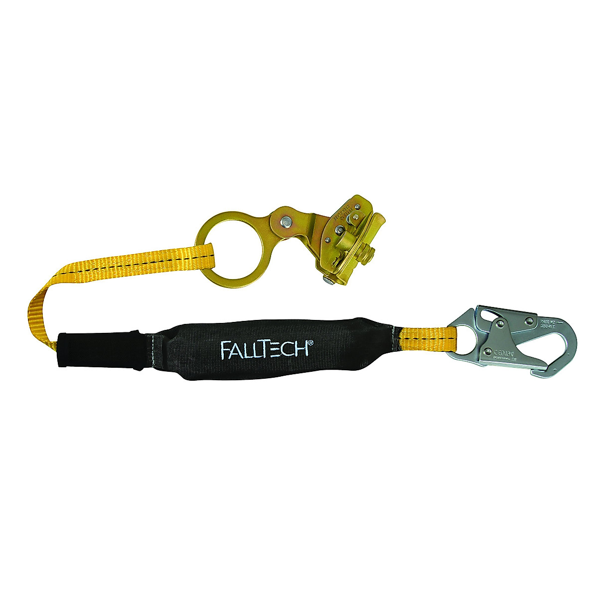 FallTech 8358LT Rope Grab Lanyard Set-Single Leg, Soft Pack with Hinged Self-Tracking Rope Grab, and 1 Snap Hook for 5/8" Rope, Yellow/Black