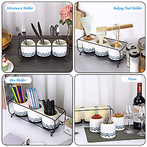 JUXYES Set of 3 Ceramic Flatware Holder for Countertop, Desktop Silverware Organizer Utensil Holder With Black Metal Rack, Flatware Caddy Cutlery Holder Silverware Organizer for Kitchen Dining Tables