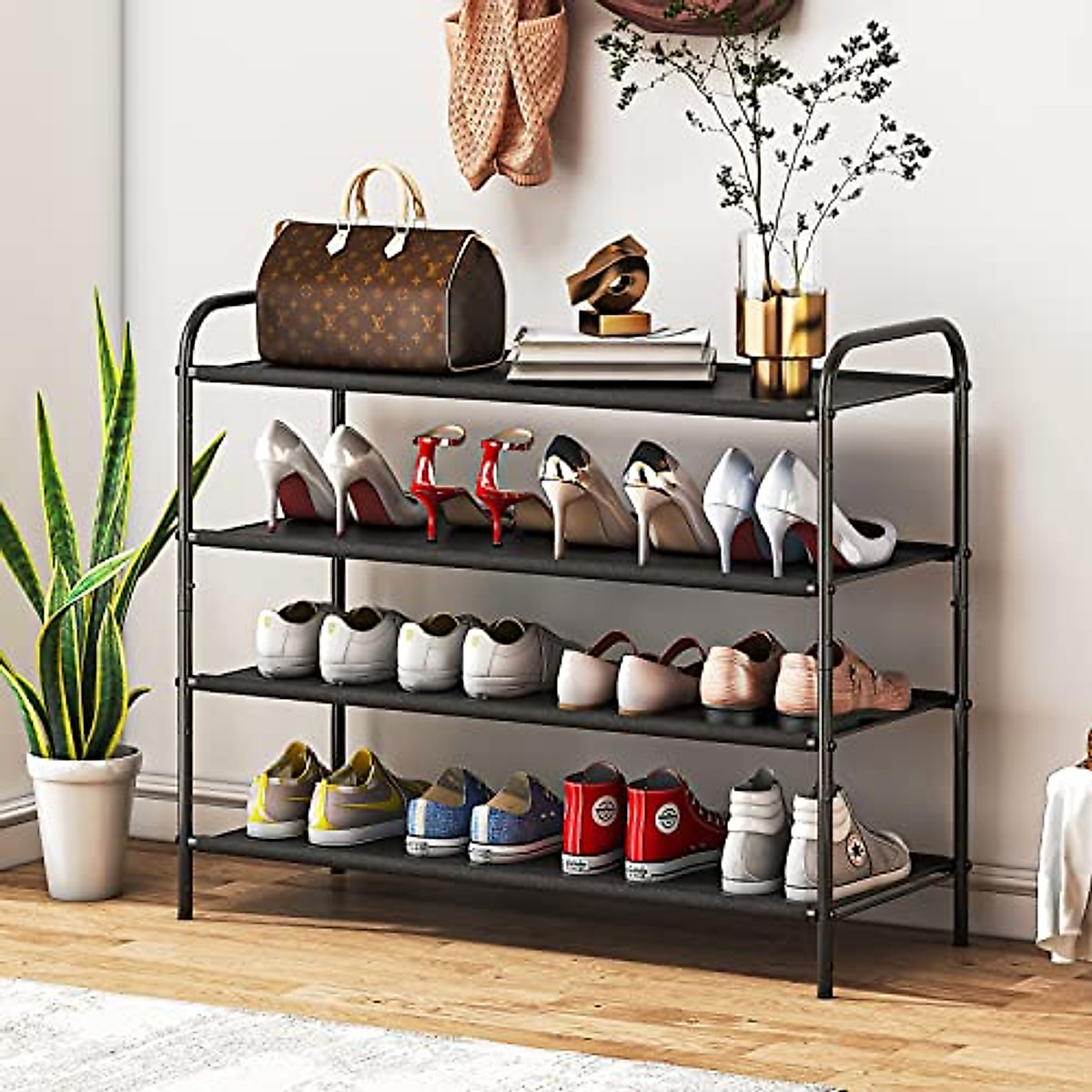 Wisdom Star 4 Tier Stackable Shoe Rack Organizer Storage, Adjustable Fabric Shoe Shelf for Closet Closet Hallway Bedroom Entryway, Black