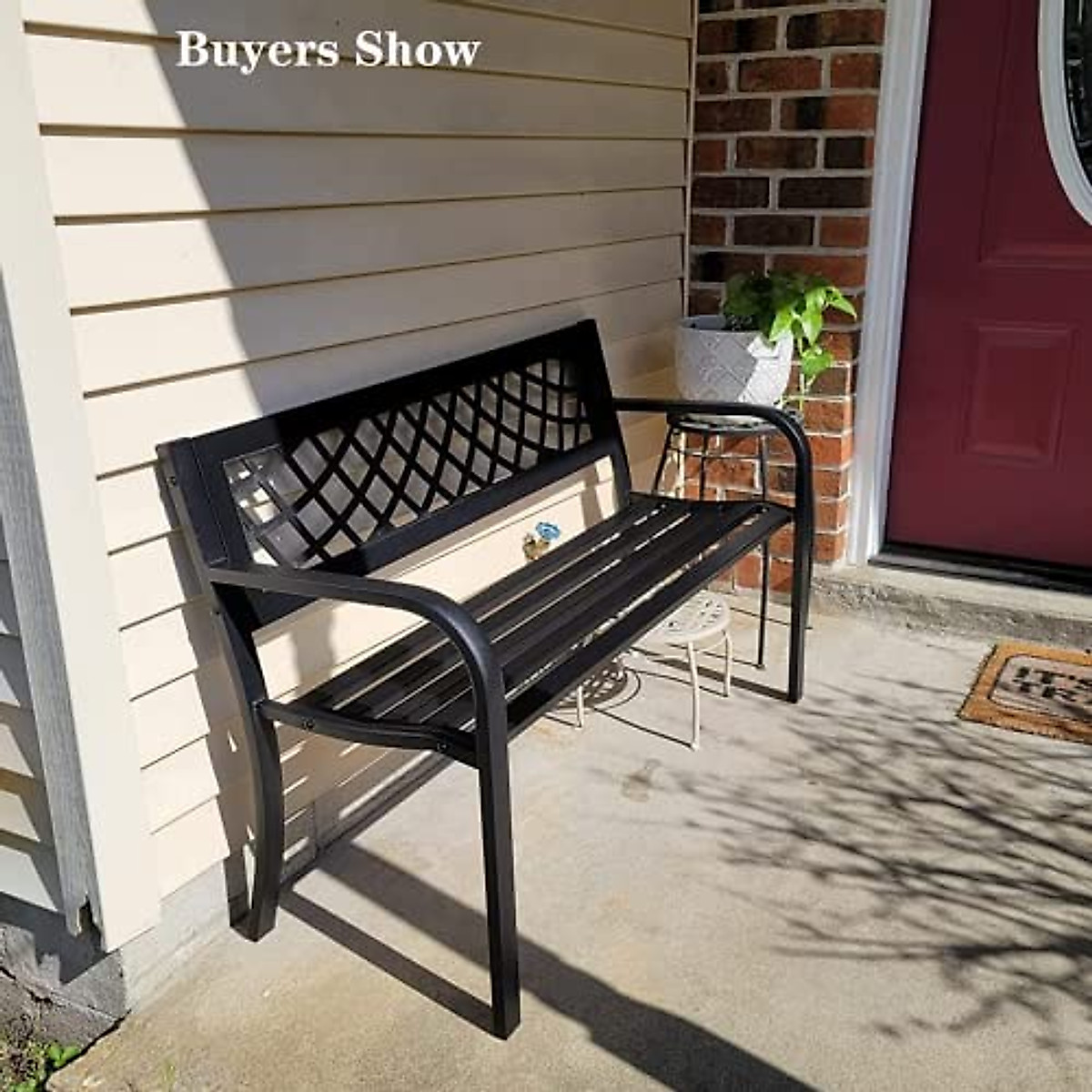 Tangkula Outdoor Garden Bench Park Bench with Steel Frame & PVC Backrest, Park Bench with Large Seat for 2-3 People, Patio Furniture Chair for Yard, Balcony, Porch & Poolside, Garden Welcome Bench