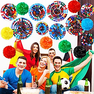 Outus 21 Pcs International World Flags Classroom Decorations Around The World Hanging Paper Fans Sport Party Tissue Paper Pom Poms for Garland Ceilings School Office Party Supplies (Flag Style)