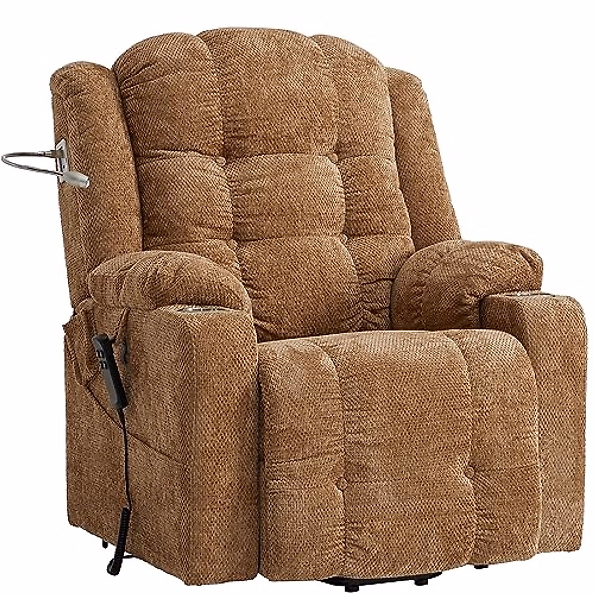Creatuis Large Lift Recliner Chair for Elderly with Massage and Heat Lay Flat Electric Power Lift Chair LED Reading Light USB Port Cup Holders Side Pocket Plush Chenille (Light Brown)