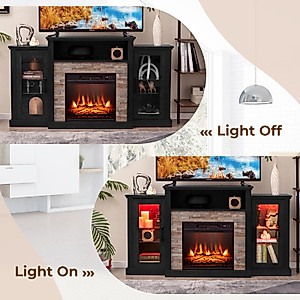 COSTWAY Electric Fireplace TV Stand for TVs Up to 65 Inches, 18-inch Fireplace Insert with APP Control, Remote Control, 16 Color Lights, Wooden Entertainment Center with Adjustable Shelves, Black