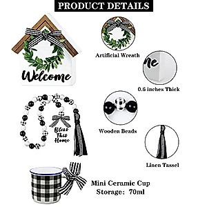 10 PCS Rustic Farmhouse Home Tiered Tray Decor, Farmhouse Wooden Table Signs Black White Buffalo Plaid Kitchen Decoration Set, Lighted Gnome Plush Home Sweet Home Decor Signs Housewarming Gifts