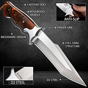 LOTHAR 10 Inch Fixed Blade Hunting Knife, D2 Full Tang Camping Knife with Leather Sheath, Survival Knife with Rosewood Handle for Outdoor, Fishing, Sharp Durable bushcraft knife
