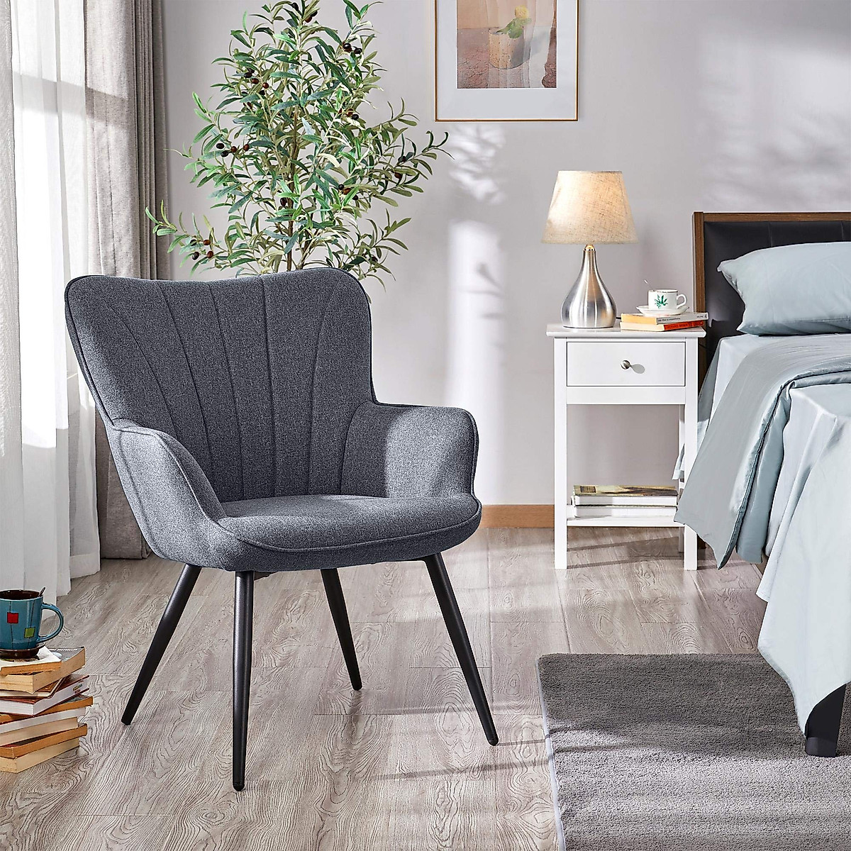 Yaheetech Accent Chair, Modern and Elegant Armchair, Linen Fabric Living Room Chair Vanity Chair with Metal Legs and High Back for Living Room Bedroom Office Waiting Room, Set of 2, Grey