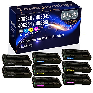 Kolasels 8-Pack (2BK+2C+2Y+2M) Compatible High Yield M C250 (408348 408349 408351 408350) Printer Toner Cartridge use for Ricoh M C250FWB Printers