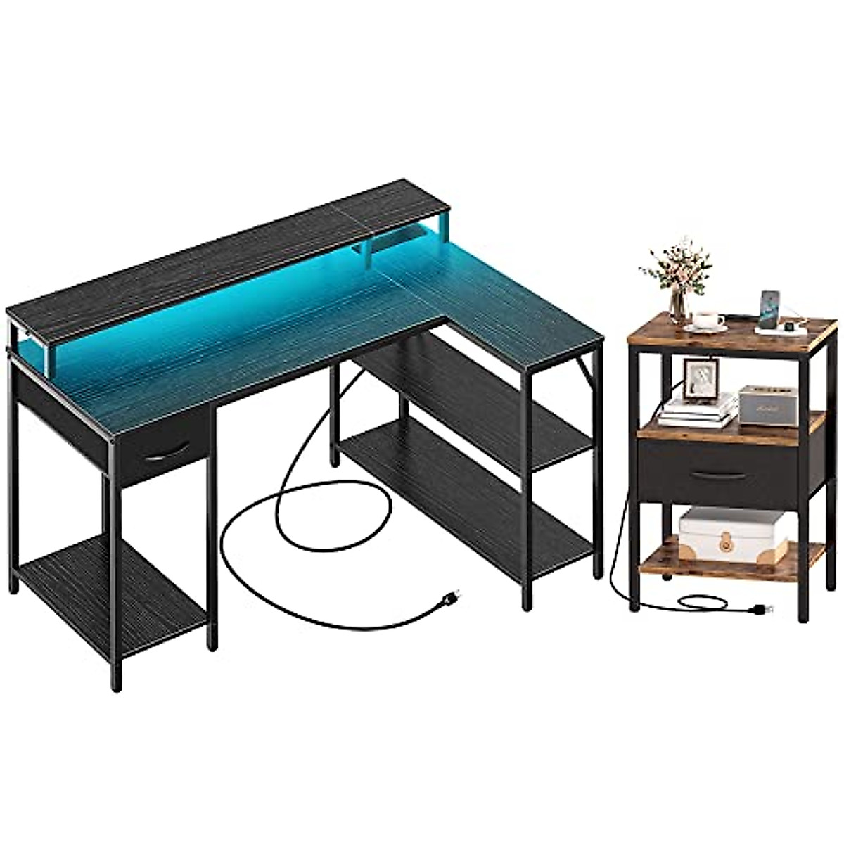 SUPERJARE L Shaped Gaming Desk with LED Lights & Power Outlets and Nightstand with Charging Station