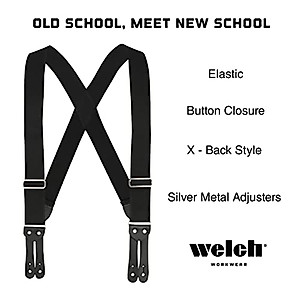 Welch, WK-7854X-LEF-BLK, Button on Pants, 2-inch wide Elastic, Adjustable Strap, X-Back Design, for Suit, Underclothing, Jeans, Pants, and Trousers, Size X-Large, Black
