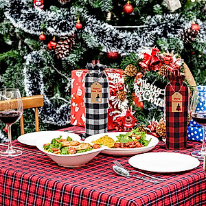 DULEFUN 12pcs Christmas Wine Bags, Christmas Wine Burlap Bags Buffalo Plaid Wine Bags Reusable Xmas Wine Bottle Clothes Covers for Christmas Wedding New Year Holiday Party Decor
